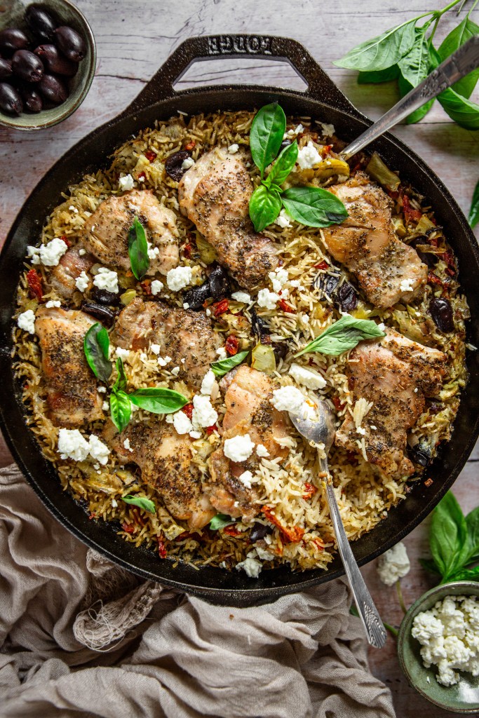 Tuscan Chicken and Rice Skillet with Artichokes and Olives - Tastes of ...